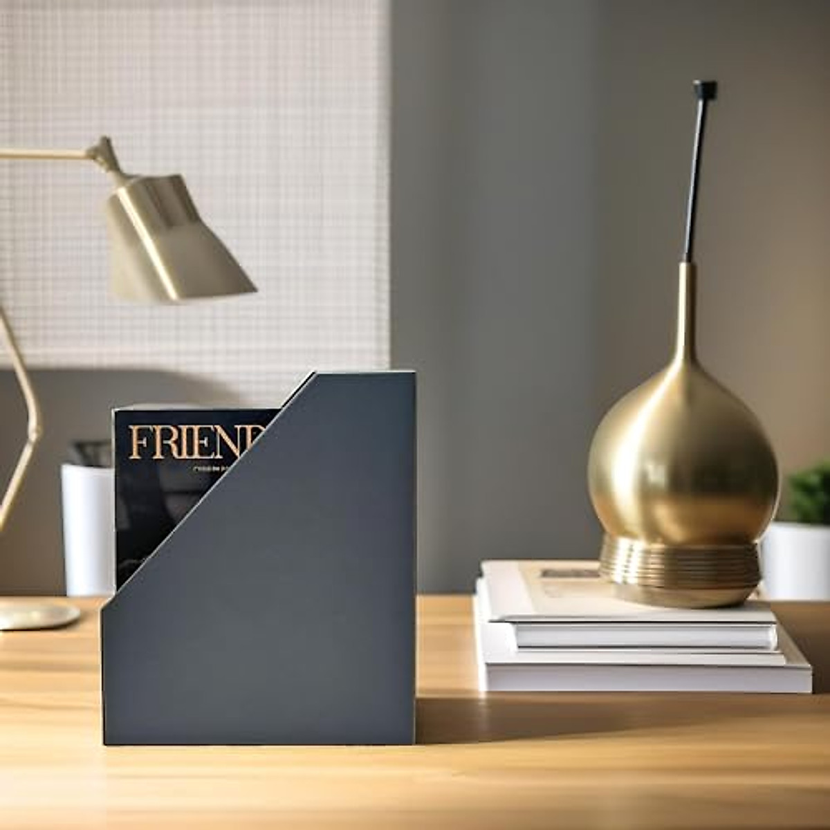 UnionBasic Magazine File Holder, Leatherette Desktop Document Organizer, Home Office Paper Holder File Storage Literature Sorter, Grey