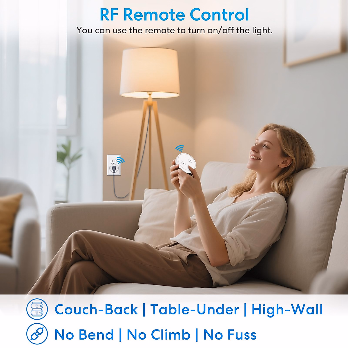 LoraTap Mini Remote Control Outlet Plug Adapter with Remote, 656ft Range Wireless Light Switch for Household Appliances, No Hub Required, 10A/1100W, White, 2 Years Warranty