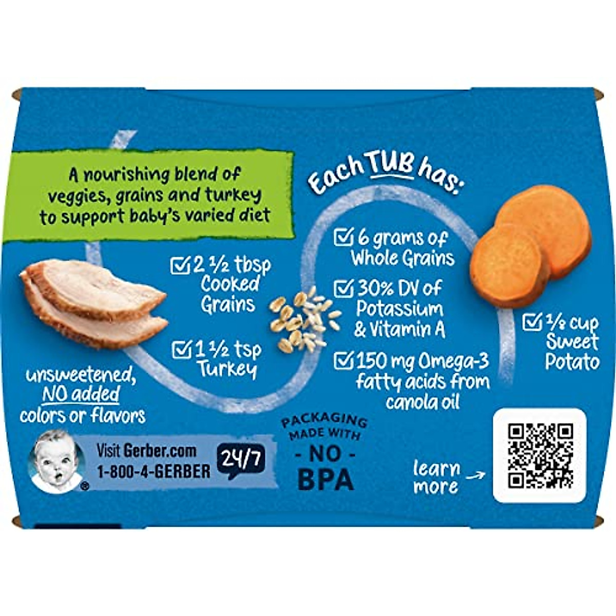Gerber Mealtime for Baby 2nd Foods Power Blend Baby Food Tubs, Sweet Potato Turkey with Whole Grains, Pureed Baby Food, 2 - 4 Ounce Tubs/Pack (Pack of 4)