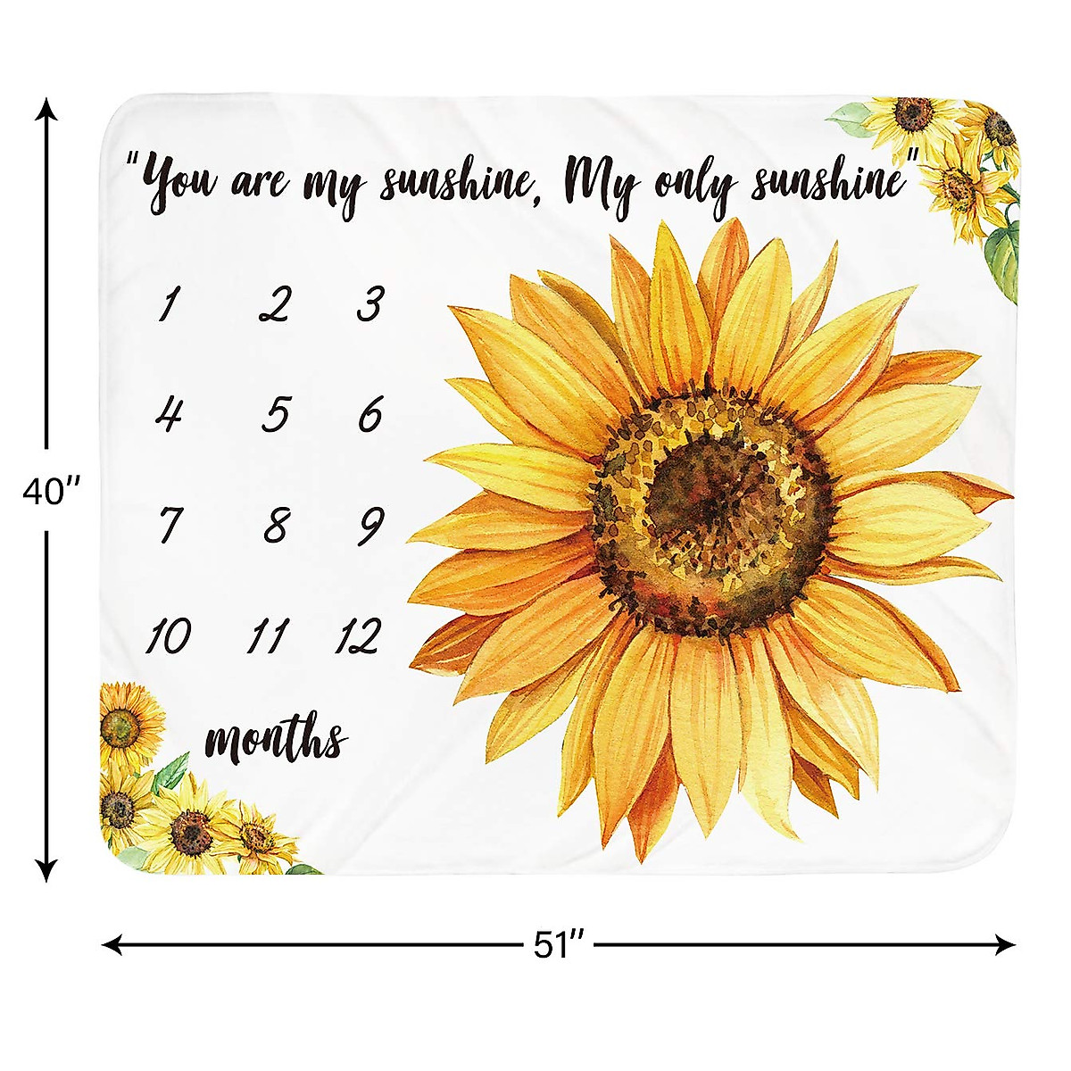 Baby Monthly Milestone Blanket Girl - Sunflower Newborn Month Blanket Personalized Shower Gift Floral Nursery Decor Flower Photography Background Prop with Frame Headband Large 51''x40''