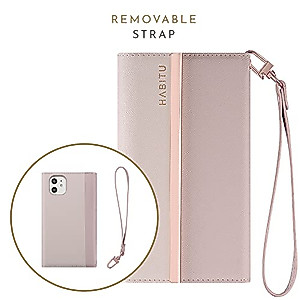 HABITU [Folio Collection 2022 Eris Tri-Fold Pink Wallet Case for iPhone XR/11, Detachable Vegan Leather Magnetic Folio with Card Pockets, Mirror & Strap for Women, for Women