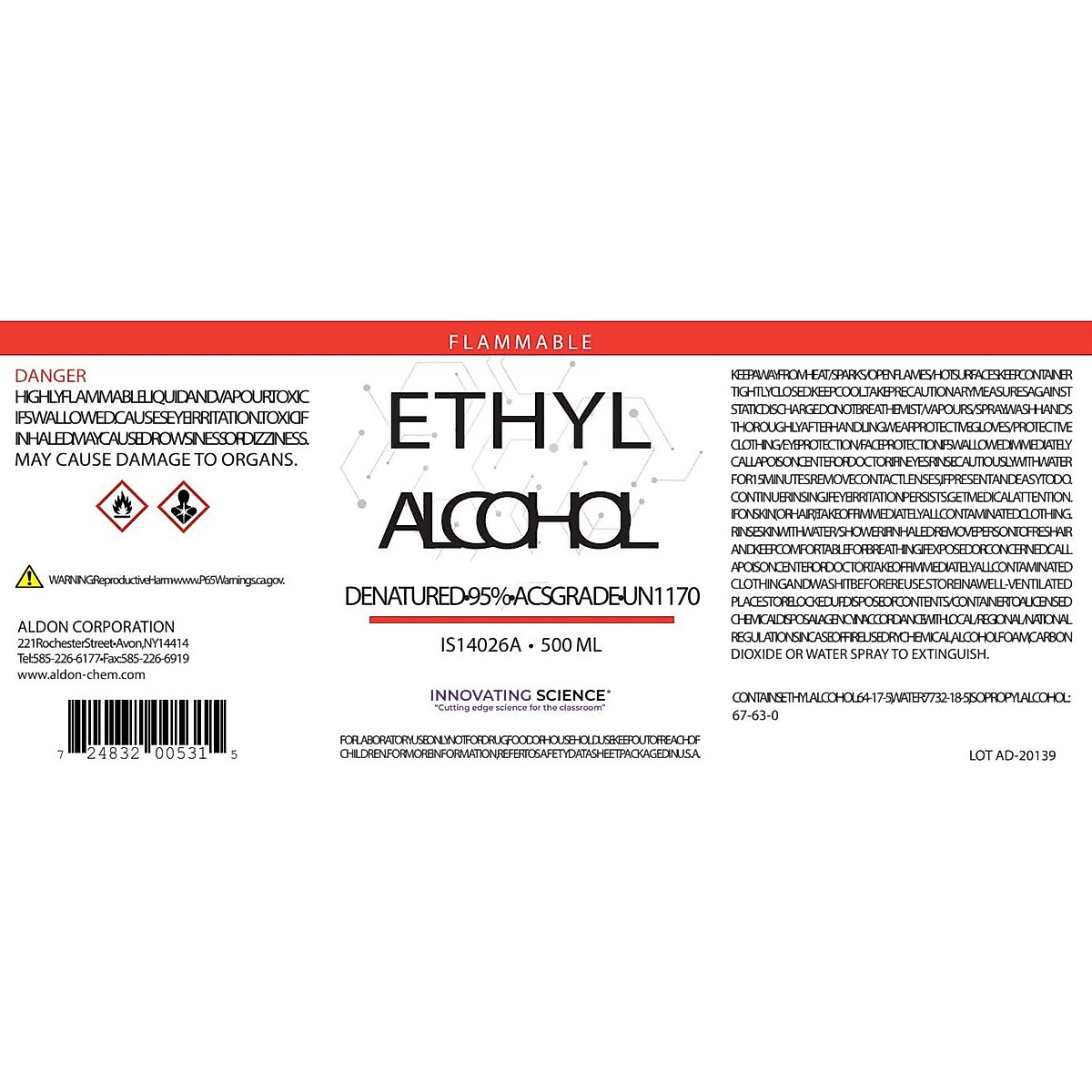 ALDON ACS Reagent Grade 95% Denatured Ethyl Alcohol, 500mL