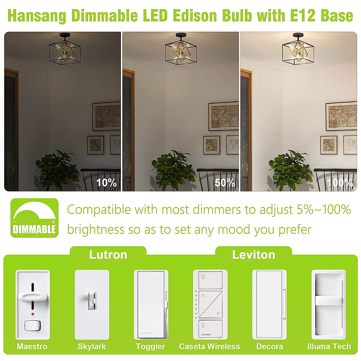hansang E12 Candelabra LED Light Bulbs, 40W Equivalent, 4000K Natural Daylight, Dimmable E12 Small Base Edison Bulbs for Ceiling Fan, Type B Chandelier Light Bulbs, 120V, CRI85+, 400LM, 8 Pack
