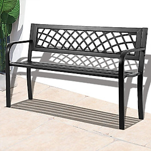 45.5in Outdoor Patio Garden Bench Mesh Pattern Loveseat,Cast Iron Heavy Duty Front Porch Chair w/Steel Frame- Easy Assembly Rust Free for Park Yard Backyard Lawn Pool Decor Deck Furniture- Black