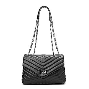 EvaLuLu Leather Quilted Chain Shoulder Bag Designer Women Flap Handbags (Medium, Black)