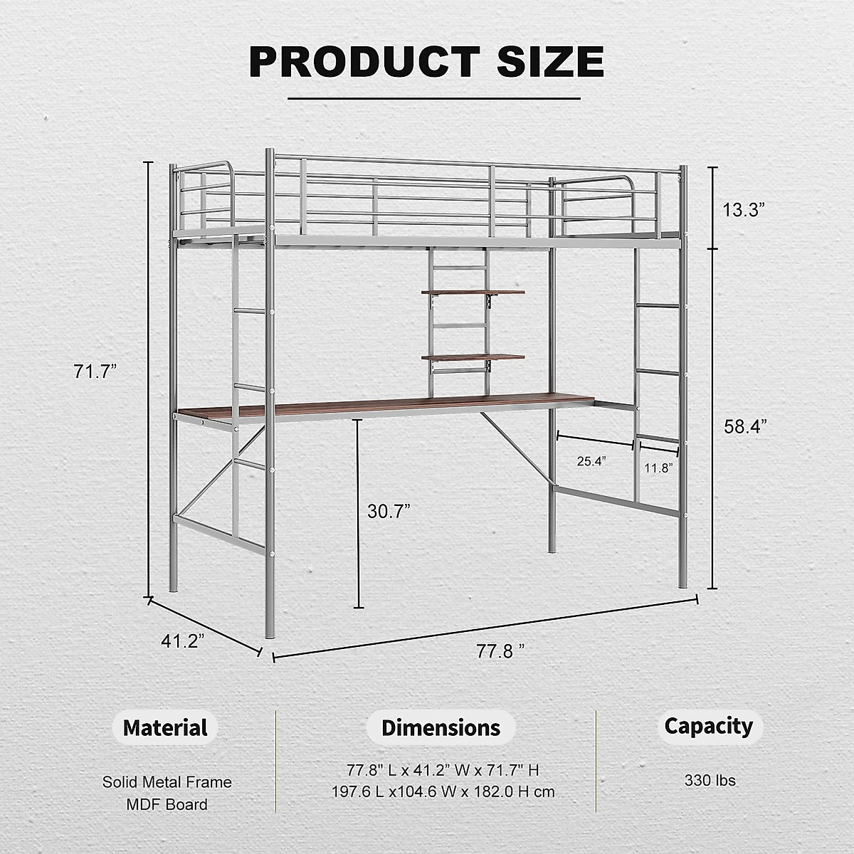 IKIFLY Twin Size Loft Bed with Desk & Storage Shelves, Metal Loft Bed Frame with 2 Built-in Ladders, Safety Guard Rail, Space-Saving Design, Noise Free, No Box Spring Needed - Silver Grey
