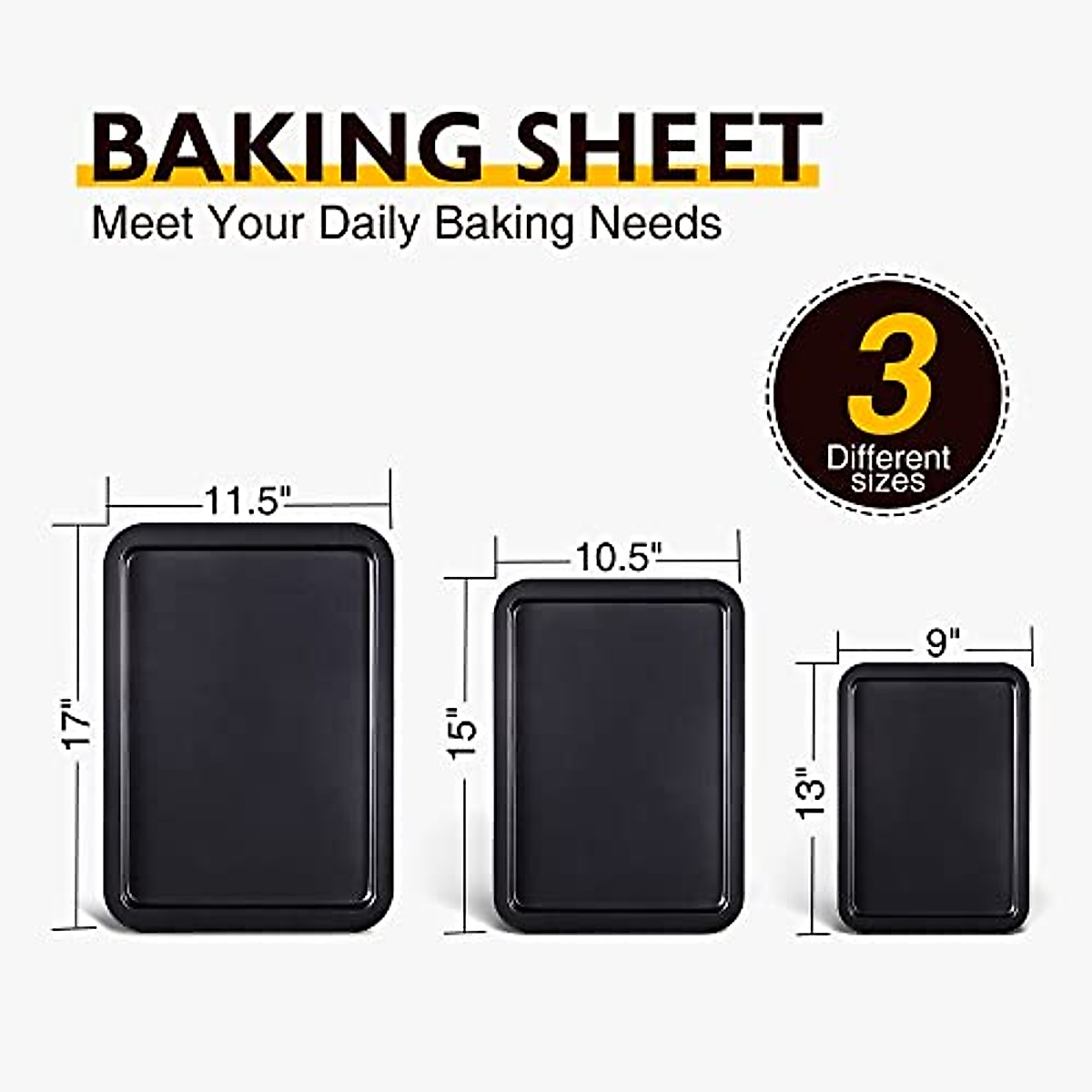 HONGBAKE Baking Sheet Pan Set, Cookie Sheet for Oven, Nonstick Bakeware Sets with Wider Grips, 3 Pack Half/Jelly Roll/Quarter Baking Tray, Premium, Dishwasher Safe - Dark Grey