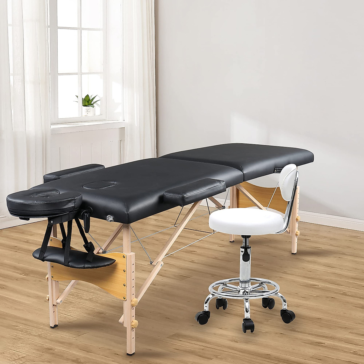 Henf Adjustable Rolling Stool Chair, Multi-Purpose Salon Massage Stool with Wheels and Small Back for Medical Salon Artist Tattoo Facial Manicure Dentist Clinic, White