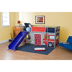 DHP Junior Twin Metal Loft Bed with Slide, Multifunctional Design, Silver with Blue Slide & Fire Department Design Curtain Set for Junior Loft Bed, Kids Furniture, Blue