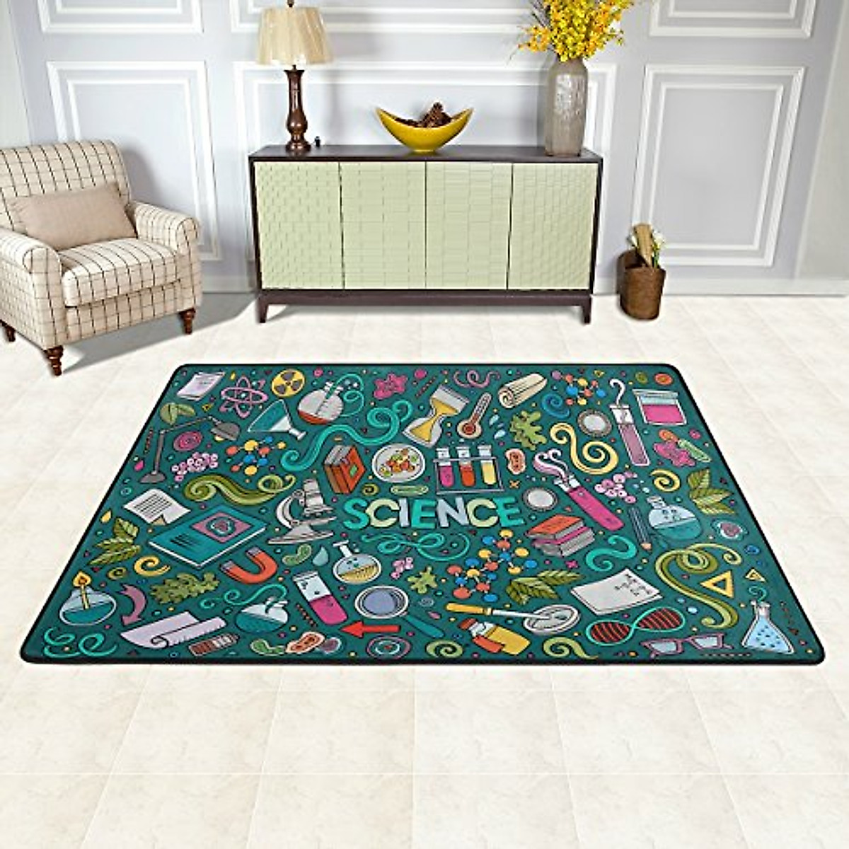 Cooper girl Hand Drawn Science Item Area Rug Carpet 6x4 Feet for Indoor Outdoor Decor