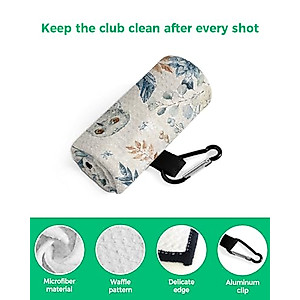 Golf Towel Christmas Eucalyptus Leaves Owl Retro Linen,Waffle Pattern Microfiber Club Cleaner Golf Towels with Carabiner Clip for Women Men Dad,Xmas Plant Animal Golf Towel for Golf Bags,24x16in
