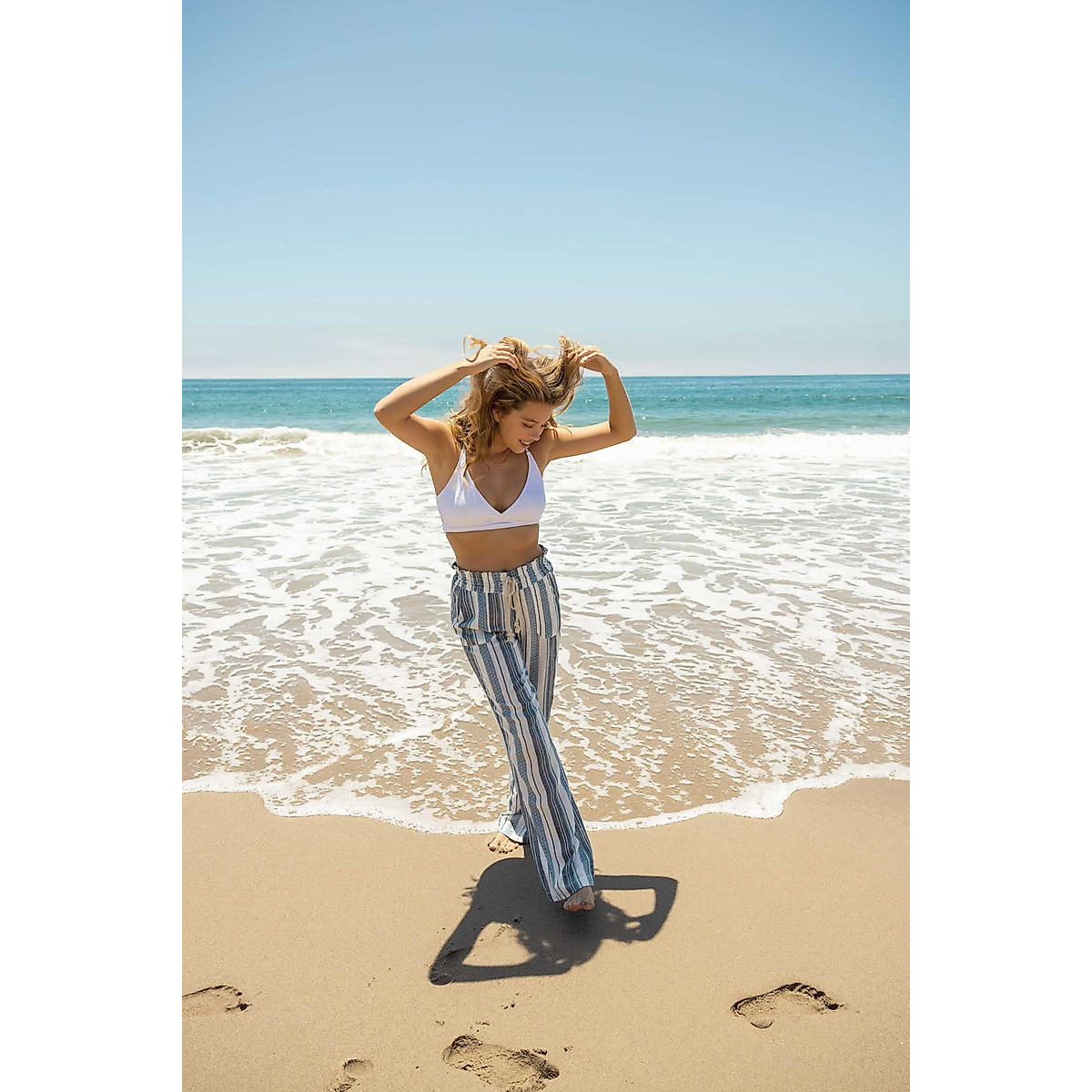 Cali1850 Women's Casual Linen Pants 32" Inseam Oceanside Drawstring Smocked Waist Lounge Beach Pants with Pockets Navy Ivory Large