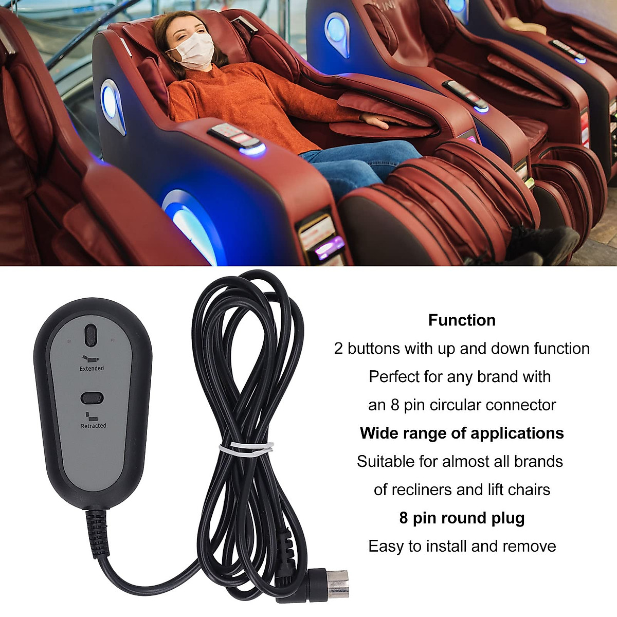 Lift Chairs Power Recliner, Recliner Replacement Parts, Power Recliner Controller Up and Down 2 Button 8 Pin Remote Handset Controller for Lift Chair