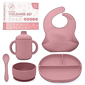 Silicone Baby Feeding Set - Food-Grade Baby Led Weaning Supplies For Toddlers - Includes Non-BPA Suction Plate with Divider, Suction Bowl, Pocket Bib, Spoon & Sippy Cup For Weaning - Pink