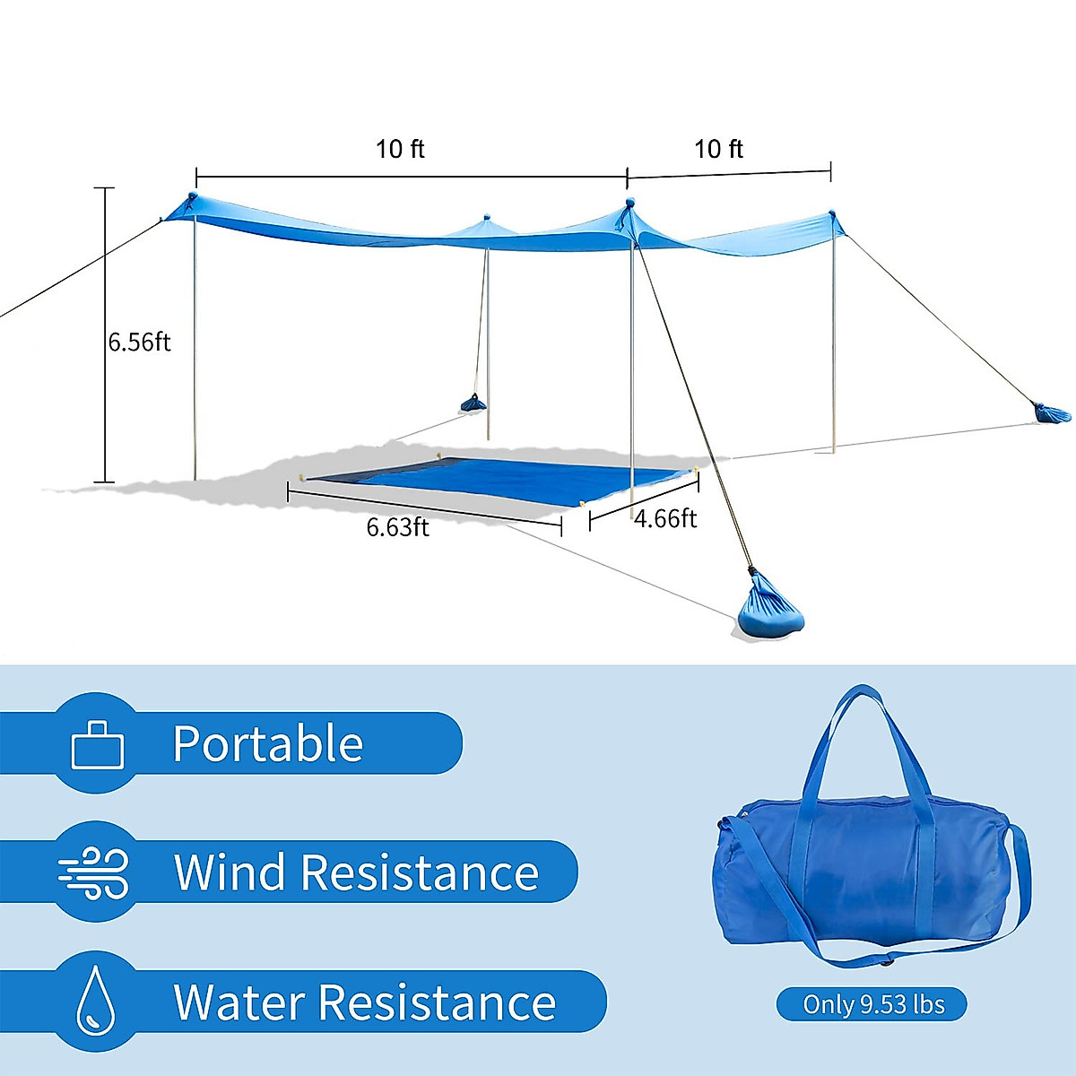 LeMuna Beach Tent Canopy Pop Up Sun Shade UPF50+, Lightweight Outdoor Shade with Sand Shovel, Ground Pegs and Stability Poles, Portable Set for Family Fun Trips (Blue, 10×10 FT 2 Pole)