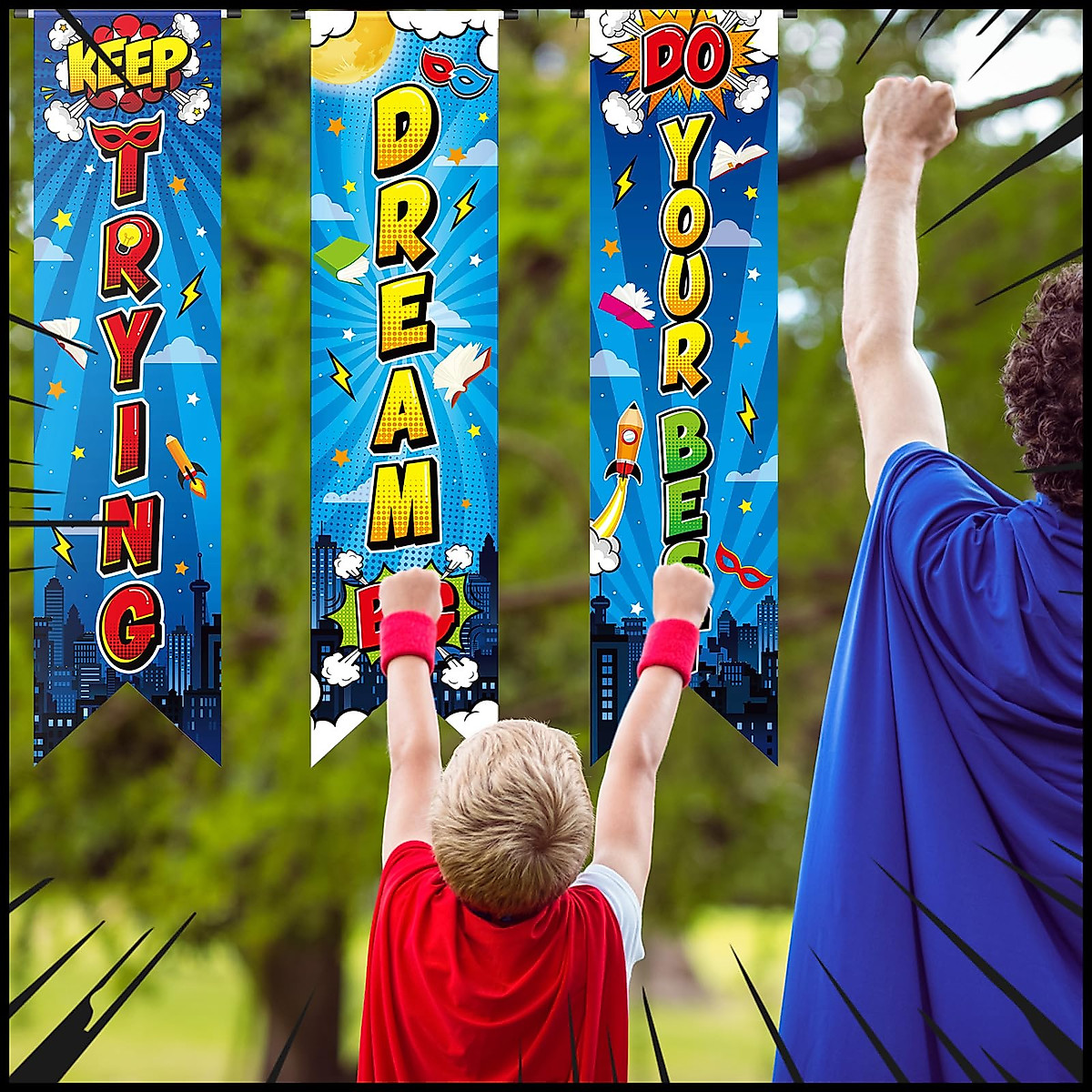 Chiisong 3 Pieces Hero Party Decorations Hero Wall Banners Hero Porch Signs Backdrops Inspirational Cityscape Photography Background for Hero Theme Birthday Party Baby Shower Classroom Decorations