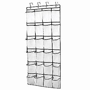 24-Pocket Over-The-Door Shoe Rack and Organizer, Hanging Closet Holder Storage Bag with 24 Large Mesh Pockets, White/Black (White Mesh)