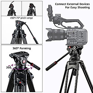 VILTROX VX-18M Professional Heavy Duty Video Camcorder Tripod with Fluid Drag Head and Quick Release Plate, 74" inch,Max Loading 10KG, with Carrying Bag,Horseshoe Shaped Bracket