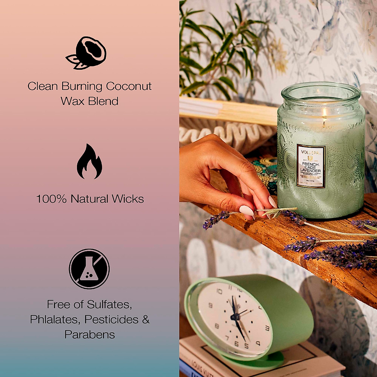 Voluspa French Cade Lavender Candle, 18 oz, Coconut Wax Blend, Scented Candles for Home, 100 Hour Burn Time, Candle Jars