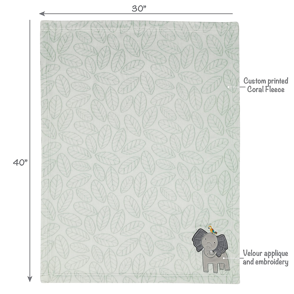 Lambs & Ivy Jungle Friends Appliqued Fleece Nursery Baby Blanket - Elephant