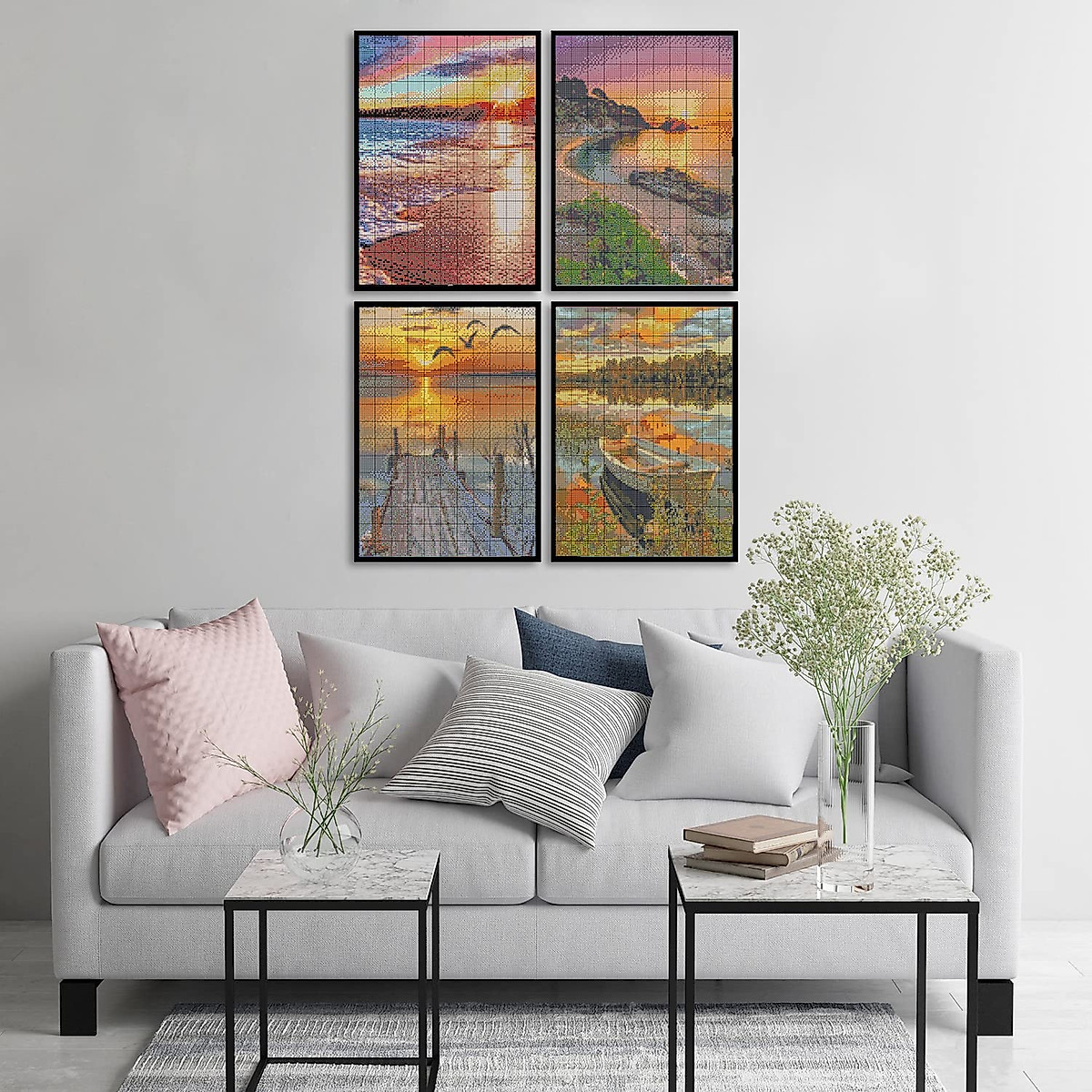 LWZAYS 4 Pack Cross Stitch Kits-Stamped Cross Stitch Kits for Adults Landscape Counted DIY Embroidery Needlepoint Kits Home Decor 12x16inch