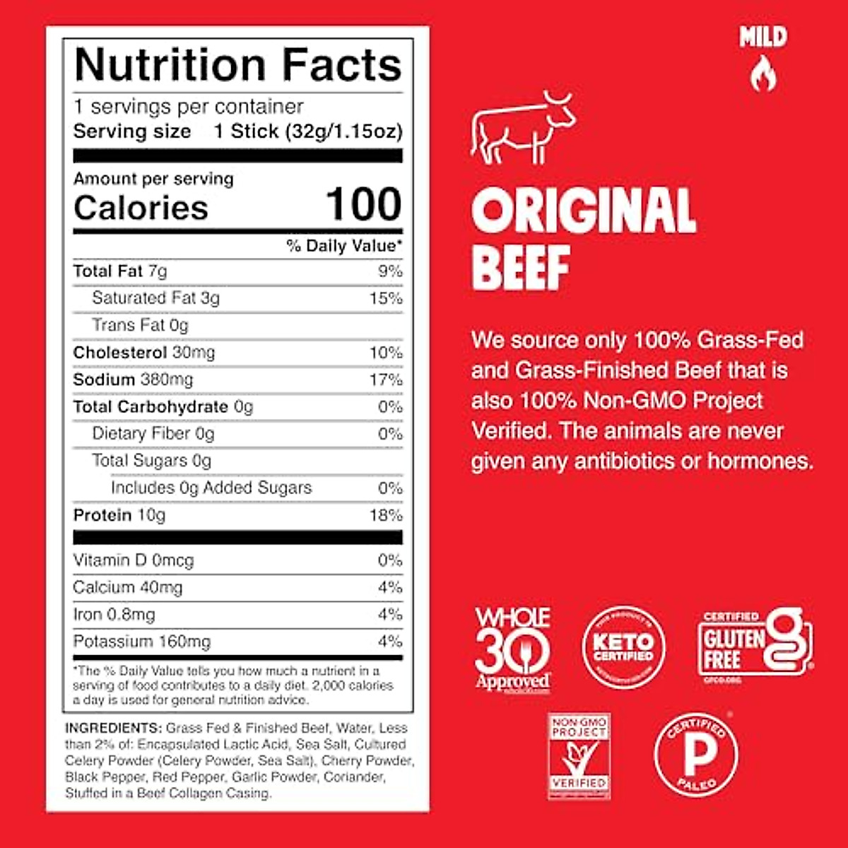 Chomps Grass-Fed and Finished Original Beef Jerky Snack Sticks 10-Pack - Keto, Paleo, Whole30, 10g Lean Meat Protein, Gluten-Free, Zero Sugar Food, Non-GMO