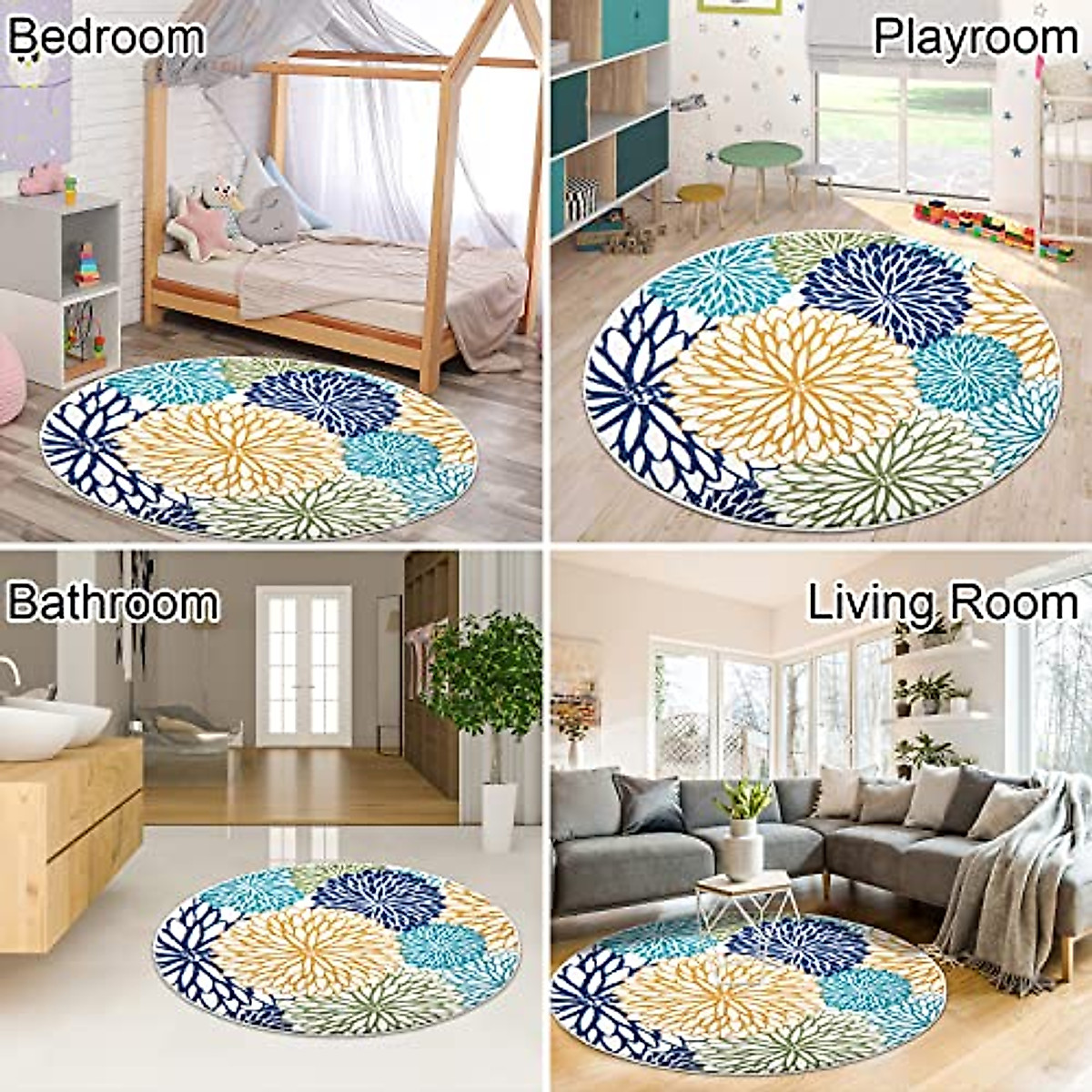 HEBE Boho Round Rug for Bedroom 4' Circle Bathroom Rug Washable Mandala Accent Throw Rugs Non-Slip Soft Floor Mat for Entryway Living Room Sofa Kids Room Nursery