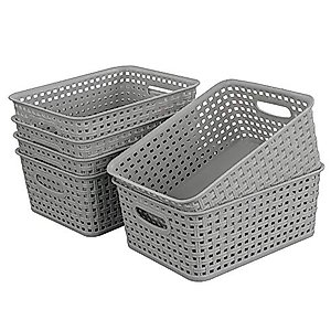 CadineUS 6-pack Grey Woven Plastic Storage Baskets, Organizing Bins