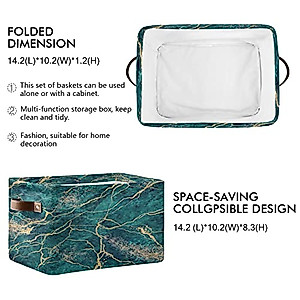 Kigai Collapsible Storage Basket with Handles, Gold Green Marble Canvas Fabric Storage Bins Toys Clothes Organizer for Bedroom, Nursery, Shelves, Closets (2PACK)