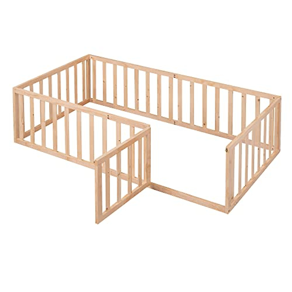 LZ LEISURE ZONE Twin Size Platform Bed with Fence, Solid Wood Floor Bed Frame with Door, Twin Size Daybed Fram, Natural