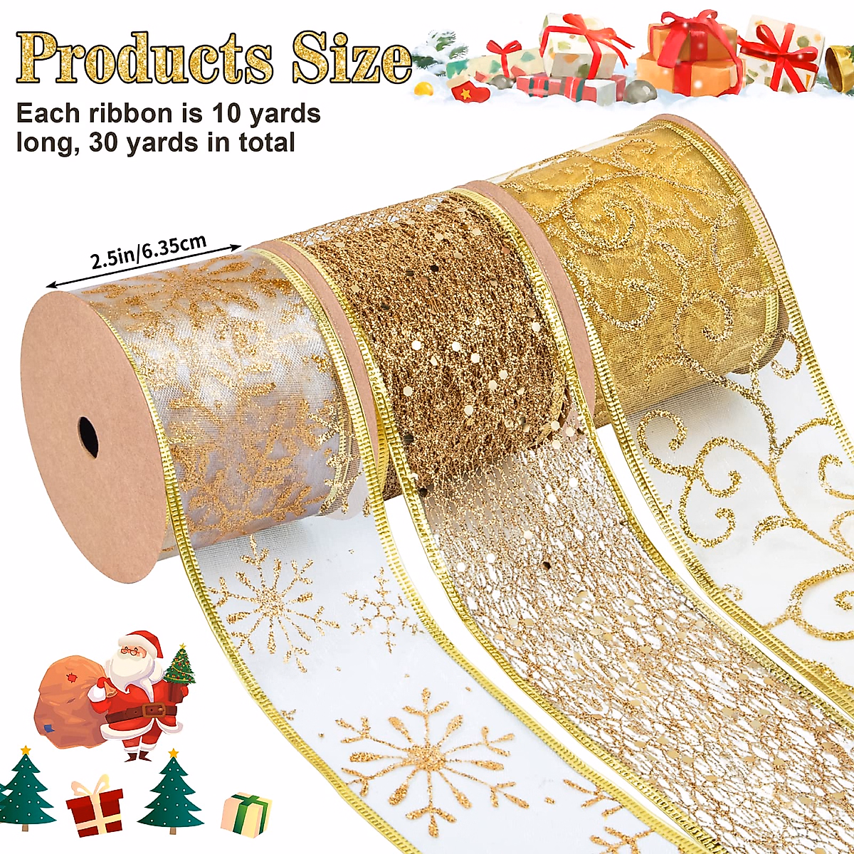 2.5'' Christmas Tree Ribbon Wired, 3 Rolls 30 Yards Gold Christmas Ribbon Mesh Swirl Sheer Glitter Snowflake Organza Ribbon for Christmas Tree Decorations Gift Wrapping, Crafts Garland Xmas Wreath