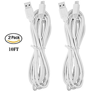USB Charging Cables Compatible Nintendo Wii U Gamepad, AFUNTA 2 Pack USB Charger Cord Compatible WiiU, 10ft / 3m - White