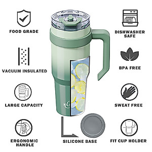 ZLINS 40 oz Tumbler with Handle Lid and Straw, Vacuum Insulated Cup, Leak Proof Stainless Steel Coffee Travel Mug, Reusable, Keeps Cold or Hot for Hours(Green Ombre)