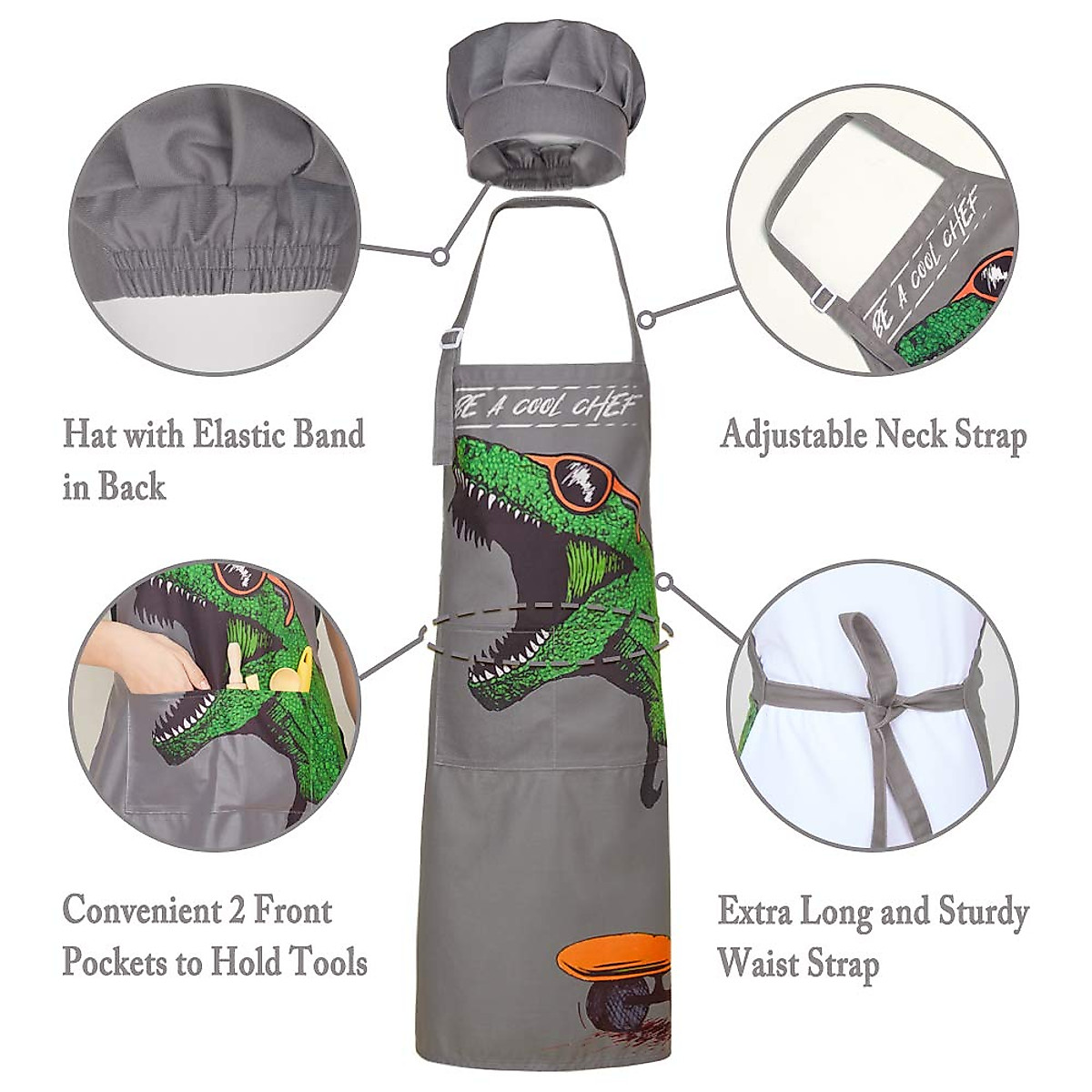 MHJY Kids Apron and Chef Hat for Boys Dinosaur Child Aprons with Pockets,Adjustable Apron for Cooking Baking Painting 3-12 Years