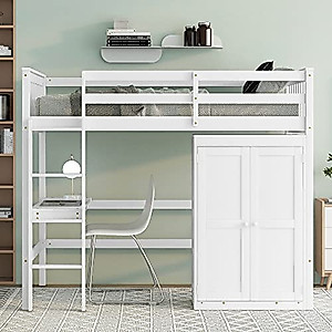 BIADNBZ Wooden Loft Bed with Desk and Wardrobe, Twin Size Loftbed Frame with Storage Closet&Bulid-in Ladder, for Kids Teens Bedroom, White