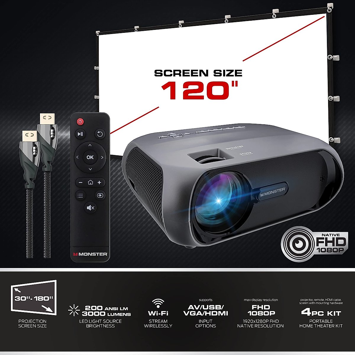 Monster Vision 1080P Image Stream Projector and 120” Portable Screen, 2500 Lumens, Universal Video/Audio/Photo Format Support, Wireless Device Mirroring, Stream Videos/Photos from Android/iOS Devices