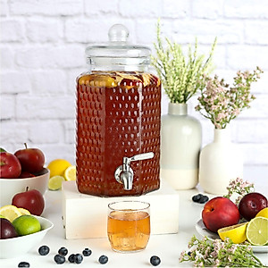 1 Gallon Glass Beverage Dispenser with Stainless Steel Spigot - Decorative Mason Jar Drink Dispenser for Parties, Fridge, Sun Tea, Iced Tea, Kombucha and Water