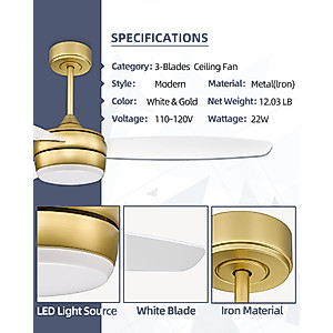 YOUKAIN Modern Ceiling Fan, 52 Inch Gold Ceiling Fan with Light and Remote Control, LED Ceiling Fan with 3 White Blades for Living room, Bedroom, Bathroom, 52-YJ273-WH