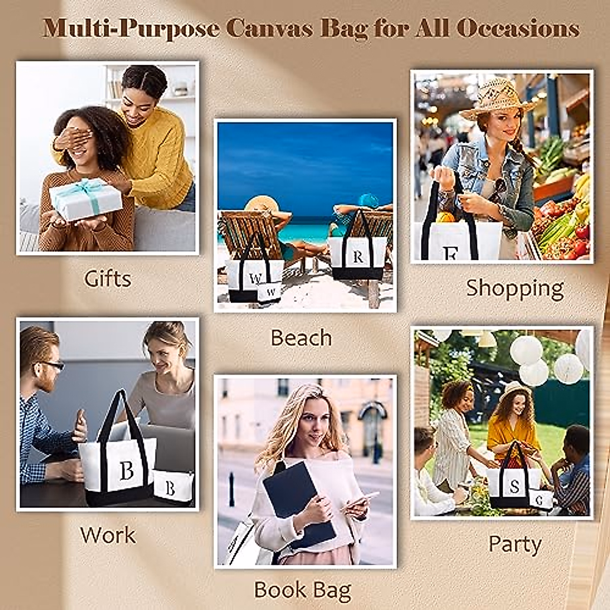 AUNOOL Tote Bag for Women - Grandma Birthday Gifts Initial Embroidery Canvas Bag Makeup Bag, Personalized Gifts for Friends Female Teacher Appreciation Gifts, Reusable Gift Bag Bridesmaids Gift, J