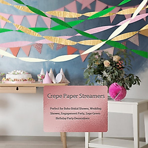 MEIYKO Baby Shower Decorations, 5 Rolls Green Pink Gold Crepe Paper Streamers for Boho Bridal Shower, Wedding Shower, Engagement Party, Sage Green Birthday Party Decorations