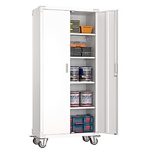 Aobabo Metal Storage Cabinet with Wheels,Heavy Duty Office Storage Cabinet with Lock,Steel Cabinet with 2 Doors and 4 Adjustable Shelves for Office Home School Storage,Required-Assembly White
