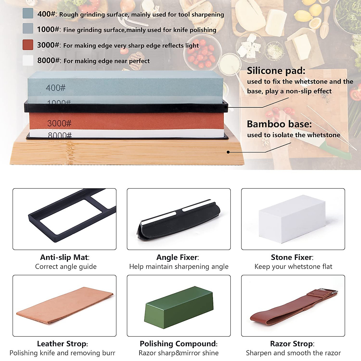 SD.TIANPENG Whetstone Knife Sharpening Stone Kit 400/1000＆3000/8000 Grit 2 Side Professional Knife Sharpener Waterstone Set with Leather Strop, Polishing Compound, NonSlip Bamboo Base, Angle Guide