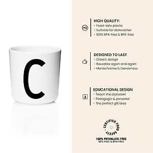 Design Letters Melamine Sippy cups for Baby 7 Oz A-Z | Kids Cups Designed in Denmark Reusable Cup for Baby 6+ Month|Learning Cup BPA/BPS Free | Children Drinking Cup Dishwasher Safe, Toddler Cup White