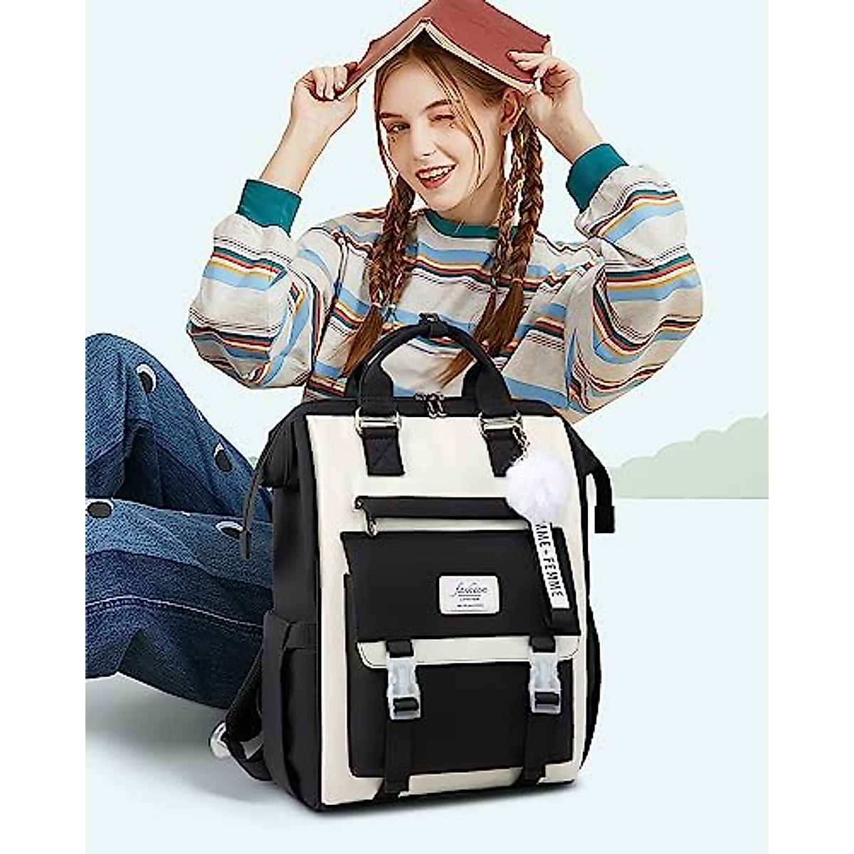 LOVEVOOK Laptop Backpack for Women,15.6 Inch College Backpack,Light Weight Travel Backpack Waterproof Casual Daypack Computer Backpack fits Travel Work Casual（15.6 inch,Black&Beige）