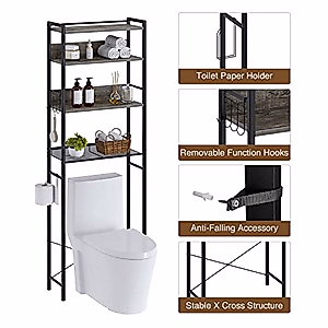 Rolanstar Over The Toilet Storage, 4-Tier Wooden Bathroom Space Saver with Hooks, Freestanding Bathroom Organizer, Multifunctional Over The Toilet Storage Rack, Bathroom Toilet Rack, Gray