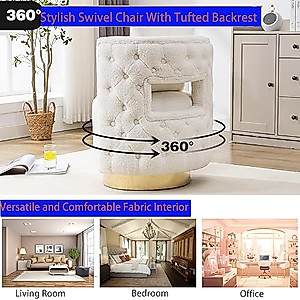 Velvet Vanity Barrel Chair, Modern Curved Tufted Back Office Chair with Gold Metal Base, Upholstered Makeup Stool with Throw Pillow for Living Room, Bedroom, Hotel Accent Leisure Chair (White)