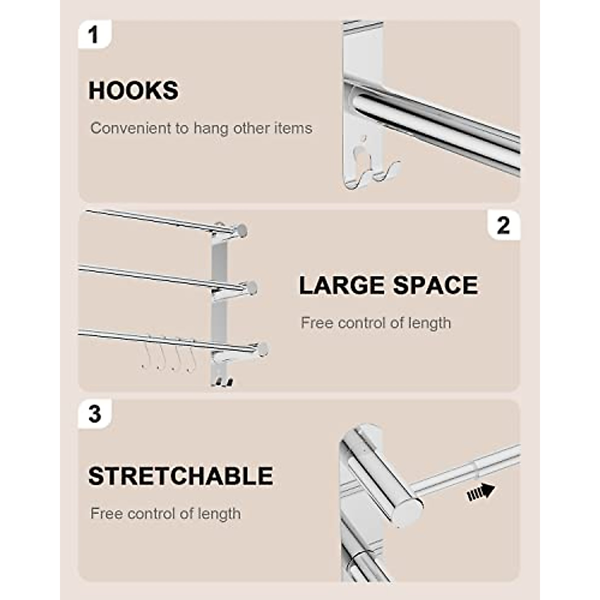 3-Tier Adjustable Ladder Bath Towel Bar 16 to 27.6 Inch, ZUEXT Polish Chrome Stainless Steel Towel Holder Hanger,Wall Mounted Stair Towel Rod for Bathroom Kitchen, Strechable Towel Rail Racks w/Hooks