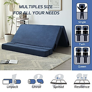 Kaxiti Folding Sofa Bed, 3-in-1 Convertible Sleeper Chair with Pillow, Linen Foldable Mattress Futon, Memory Foam Floor Couch for Living Room/Dorm/Guest Room/Home Office/Bedroom, Queen, Navy Blue