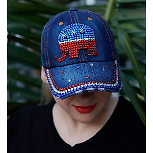 Popfizzy Bling Republican Hat for Women, Rhinestone Republican Elephant Baseball Caps, RWB USA Distressed Denim Hat, Republican Gifts for Women