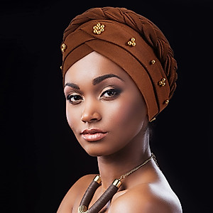 SATINIOR 6 Pieces Women African Turban Caps Twisted Braid Beaded Head Wraps Bonnet Beanie Headscarf Solid Color Elastic Wrap Cap for Women